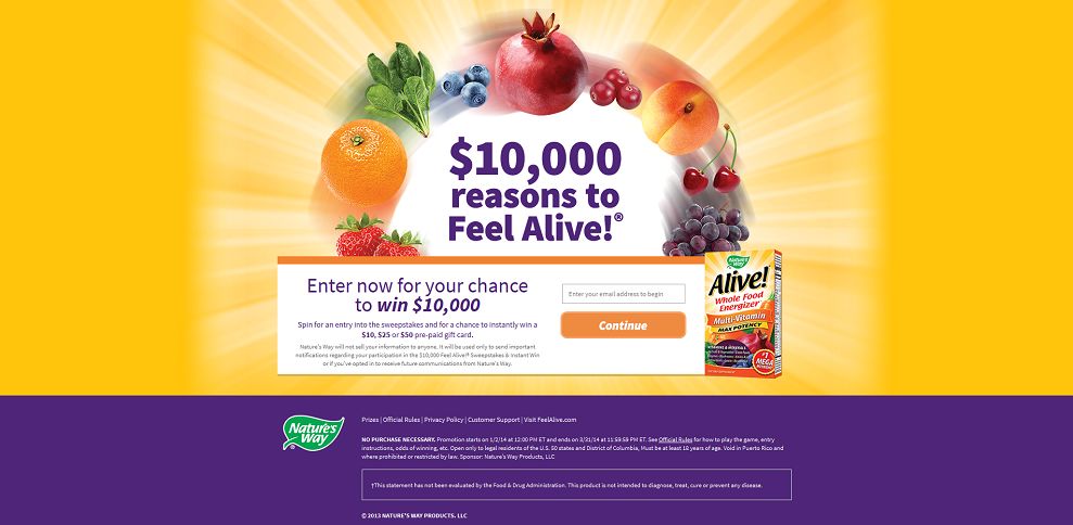 play.feelalive.com - $10,000 Feel Alive! Sweepstakes & Instant Win